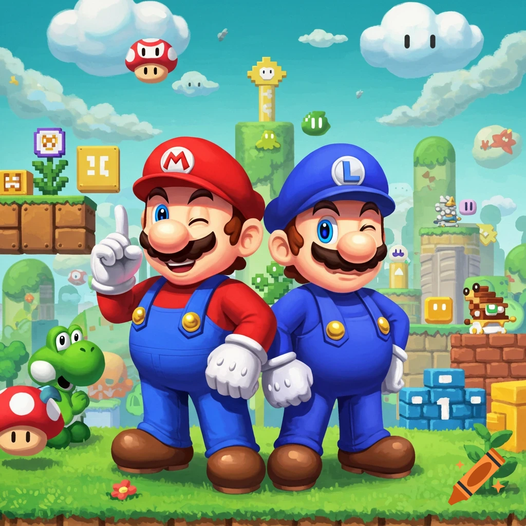 Stylized illustration of Mario and Luigi standing in a vibrant Super ...