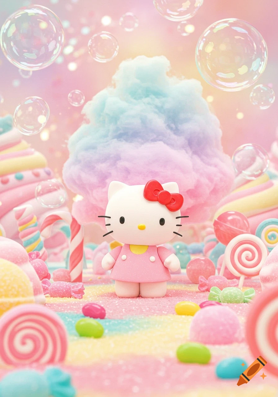 Hello Kitty with a large, toothed Labubu mouth in a pastel candy land ...