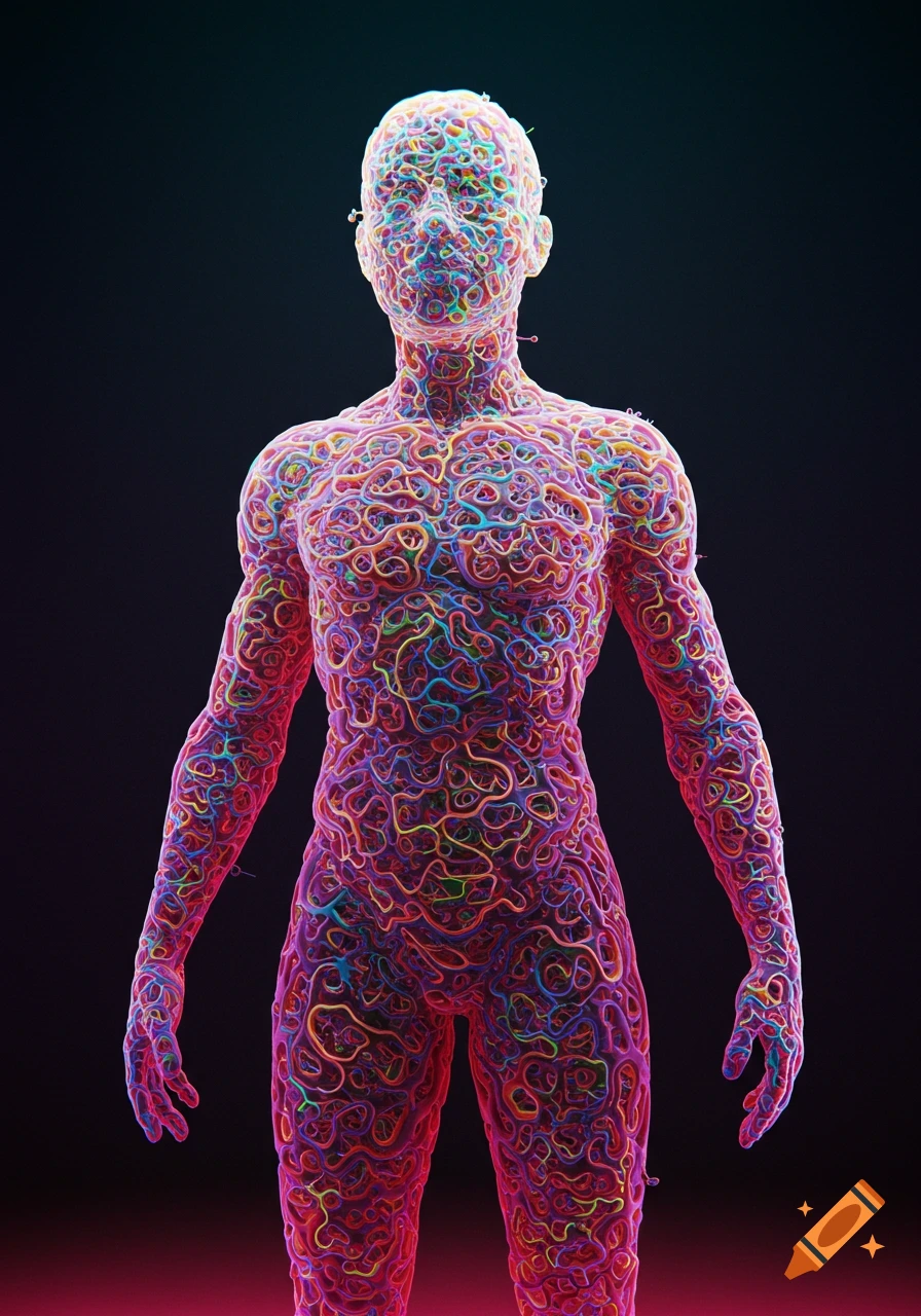 Hyperrealistic 3D render of a man with his nervous system visible ...