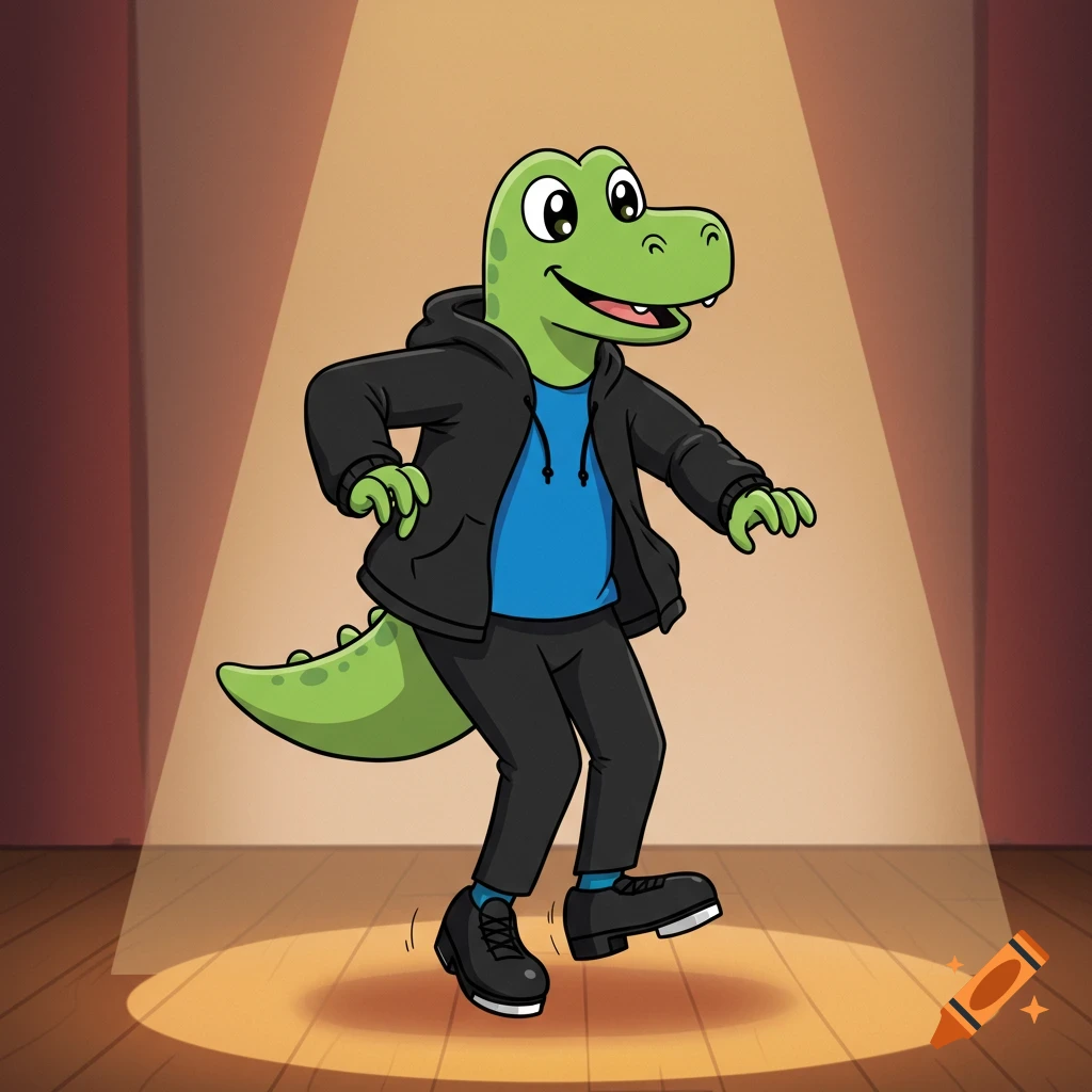 A friendly, anthropomorphic green cartoon dinosaur tap dancing on a ...