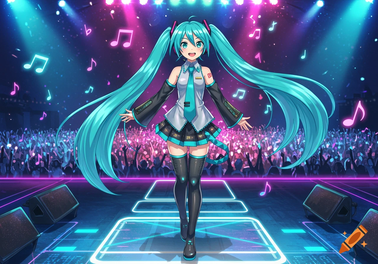 Hatsune Miku, an anime character with long turquoise pigtails, smiles ...
