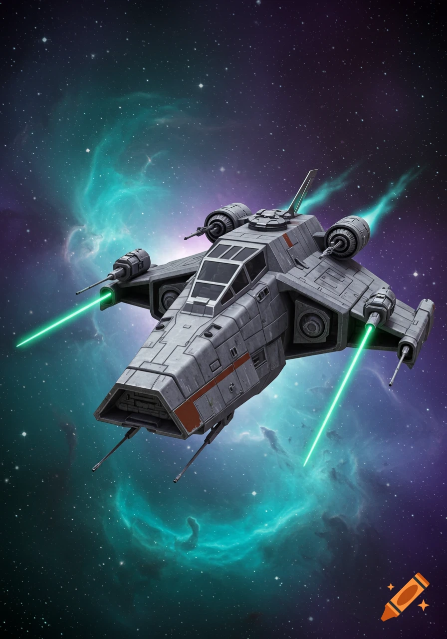 A grey spaceship with green laser beams and engine exhaust flies ...