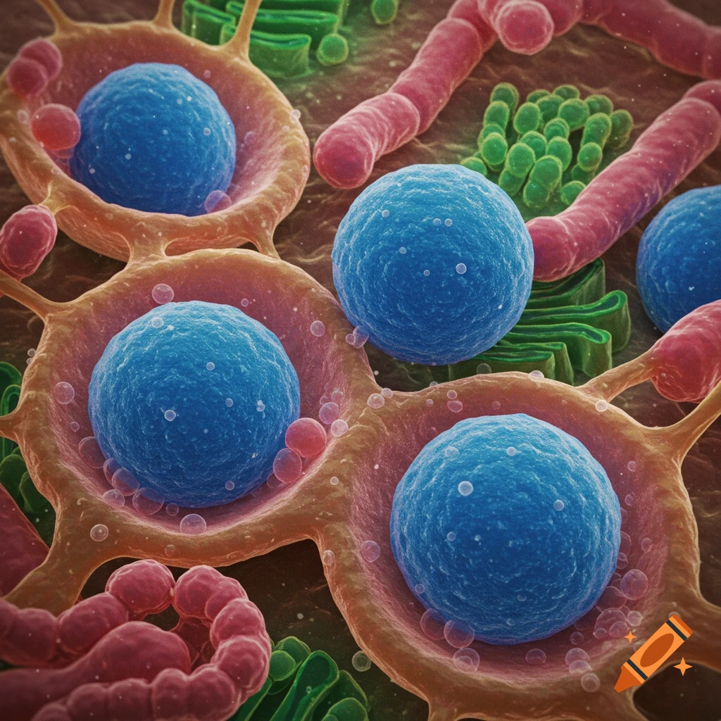 Microscopic view of blue spheres resembling lysosomes within cellular ...