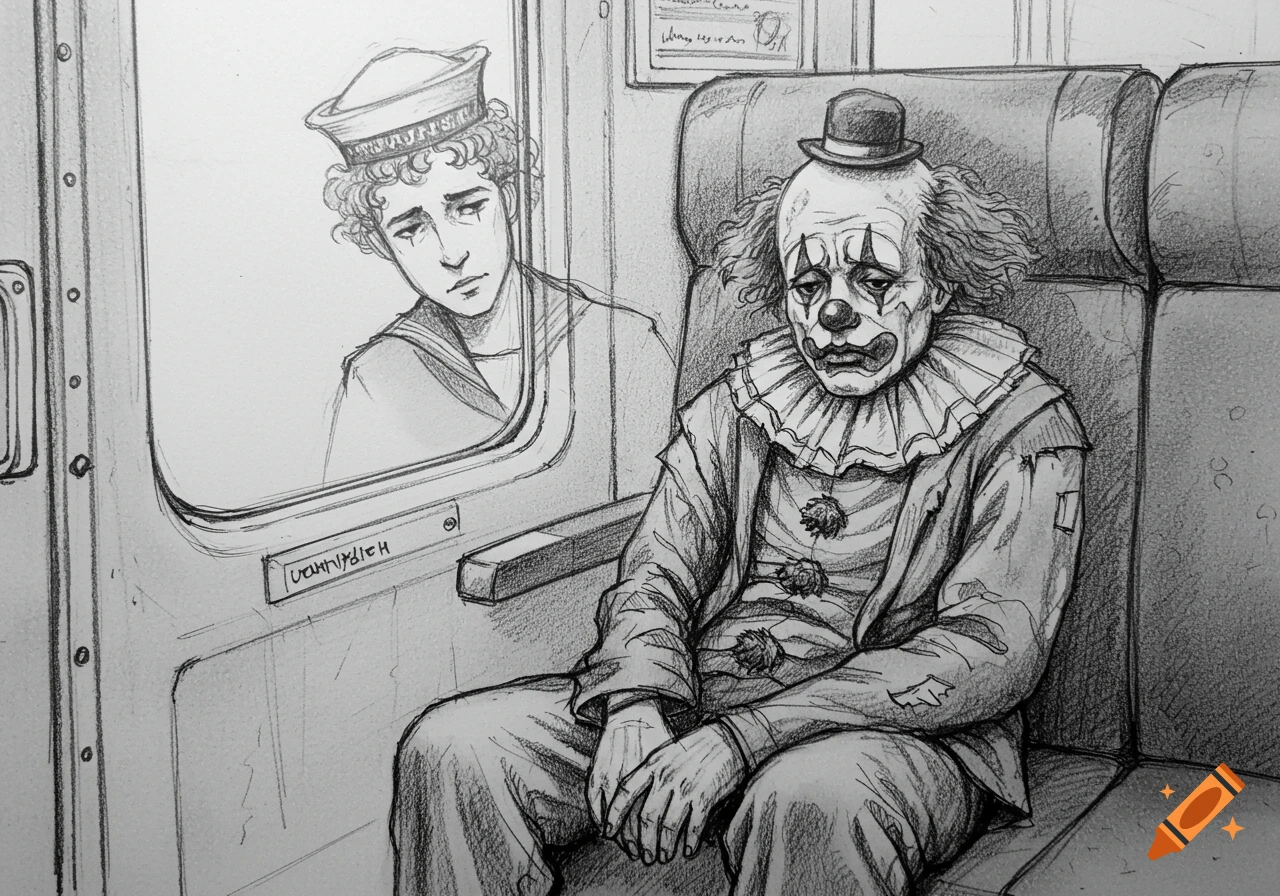 A black and white pencil drawing of a sad clown slumped on a train seat ...