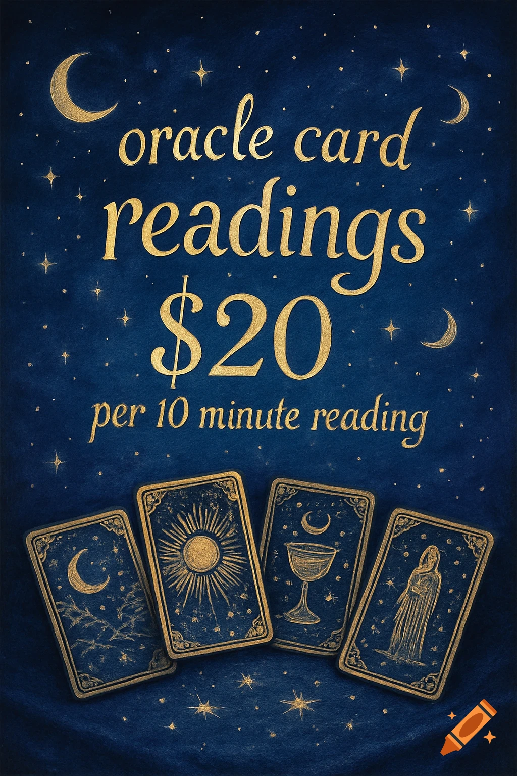 An advertisement for "oracle card readings $20 per 10 minute reading ...