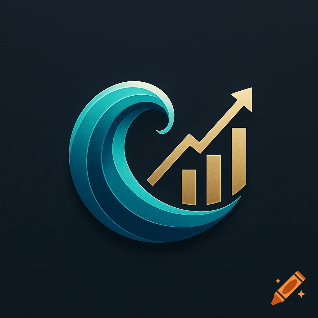 A modern logo featuring a blue and silver bar chart with an upward ...
