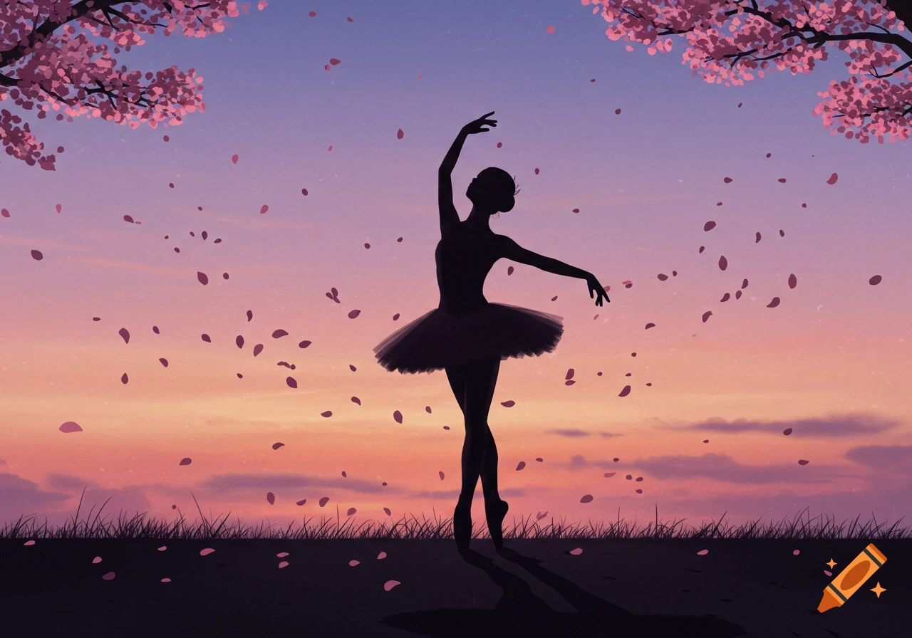 Ballerina silhouette dancing at sunset with falling cherry blossom ...