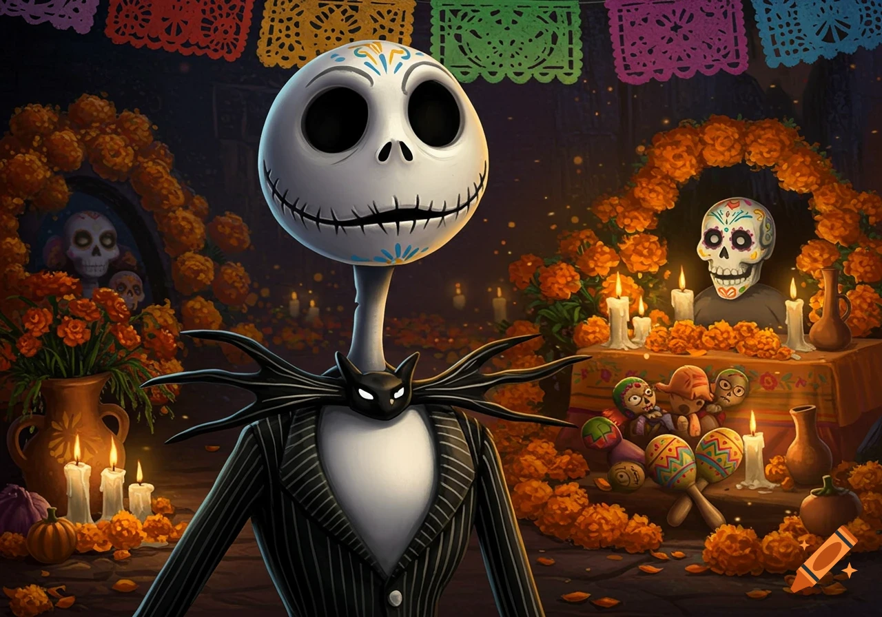 Jack Skellington with Day of the Dead face paint in a festive scene ...