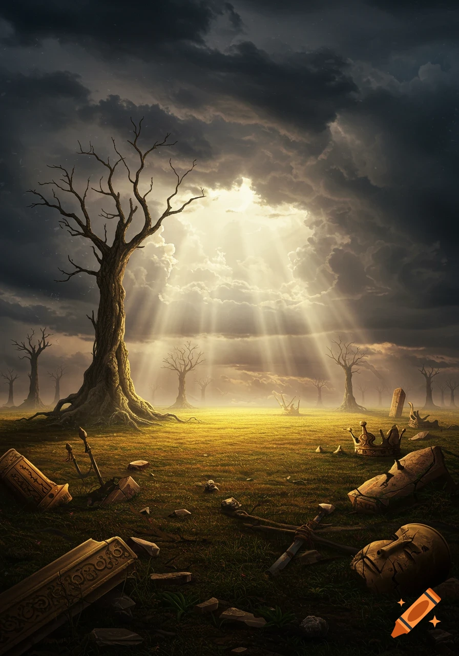 A barren landscape on a floating block of earth with two twisted ...