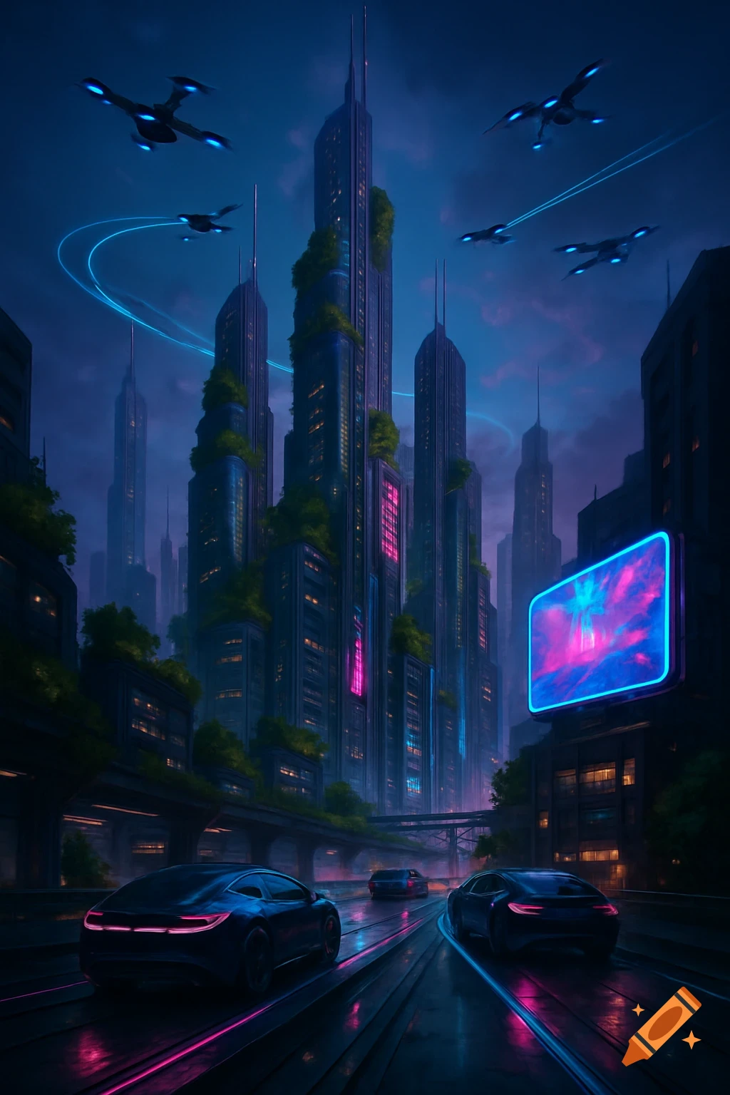 Futuristic city with flying silver cars soaring between towering ...