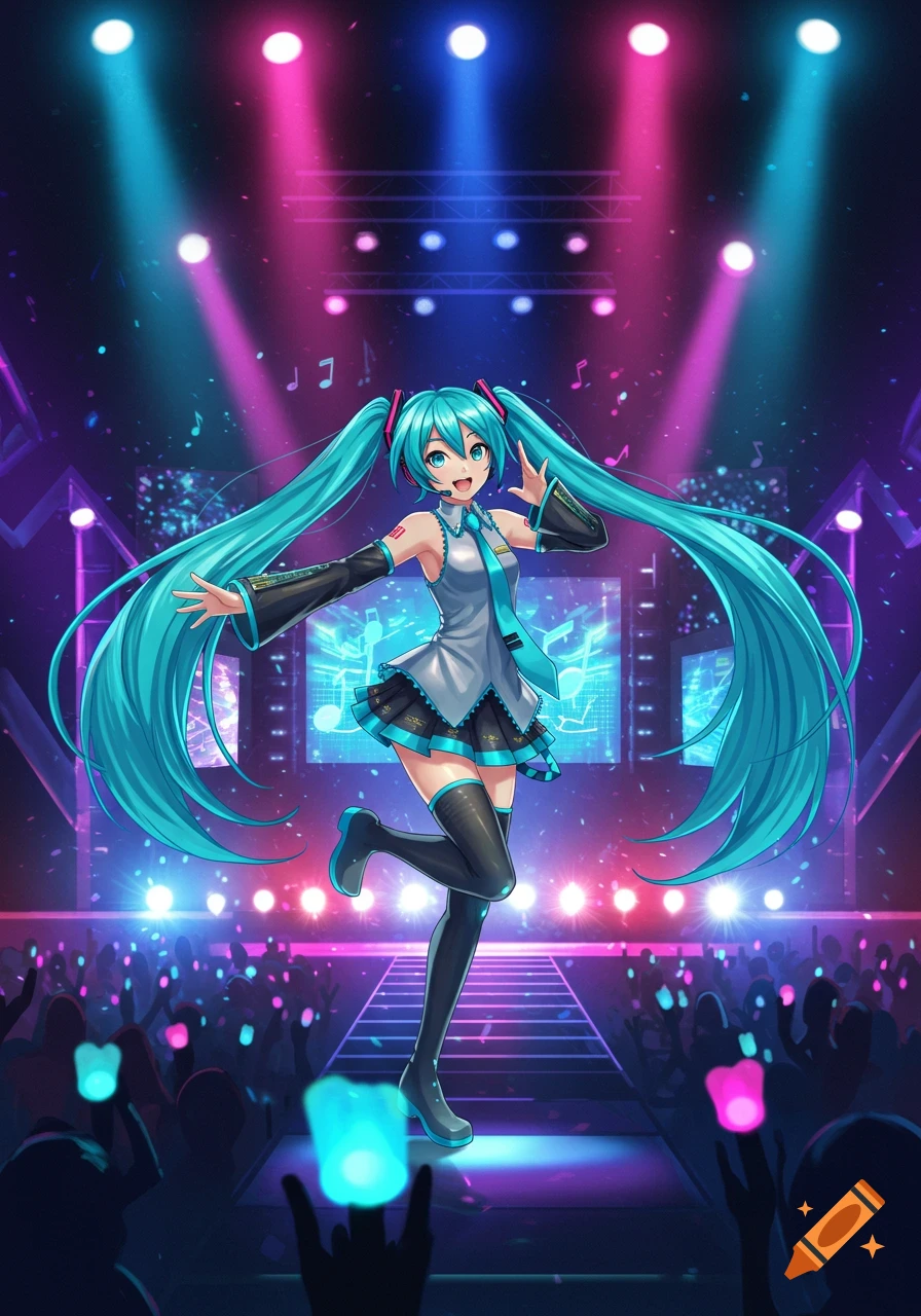 Hatsune Miku, an anime character, on a futuristic concert stage with a ...