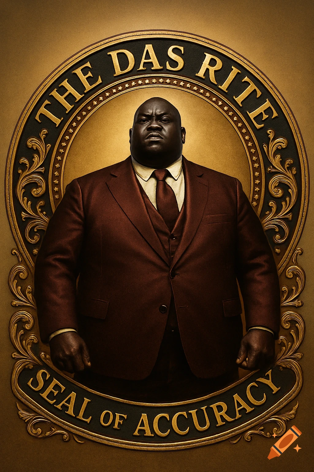 Overweight Black man in a brown suit, centered in an ornate gold seal ...