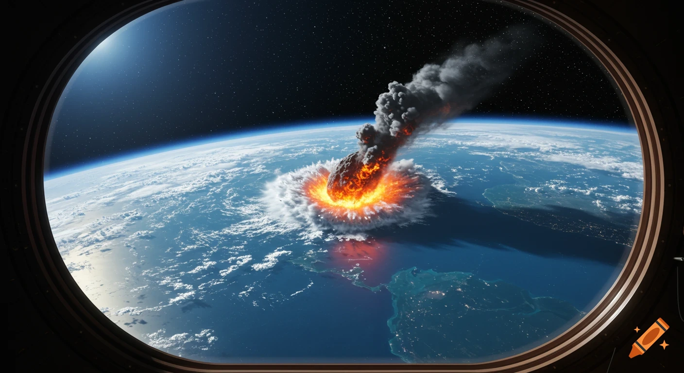 View from a spaceship window showing a burning asteroid impacting Earth ...