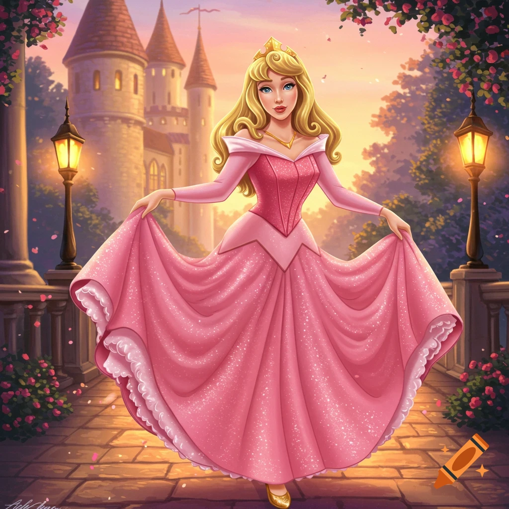 Princess Aurora in a sparkling pink gown and sheer cape, standing in a ...