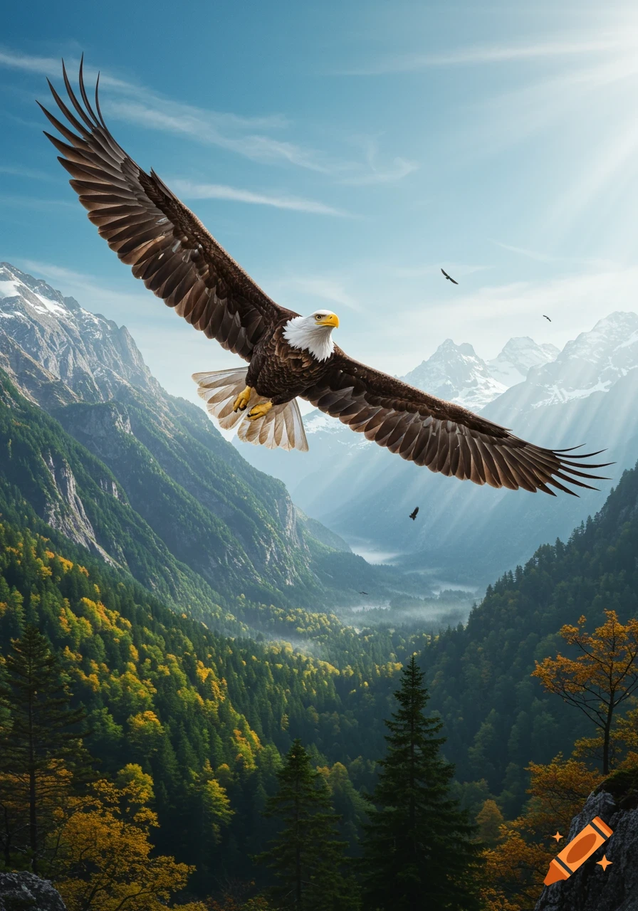 A majestic bald eagle soars over a vibrant, misty mountainous valley ...