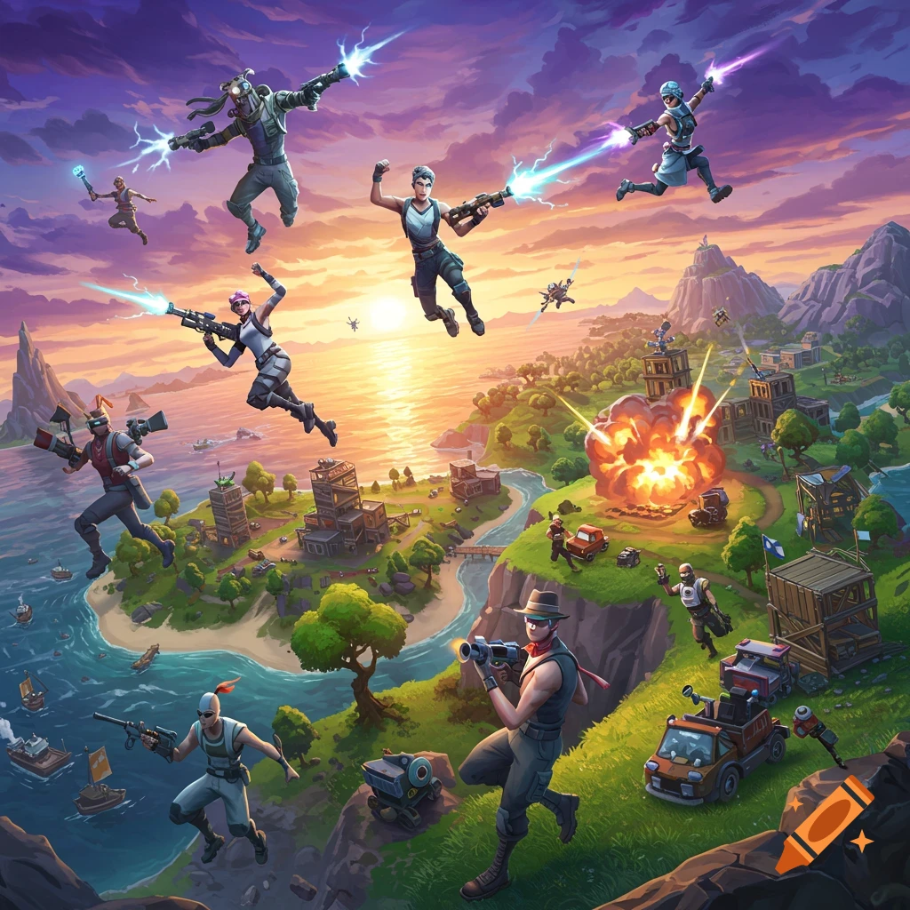 Fortnite-style battle royale with characters flying and fighting over a ...