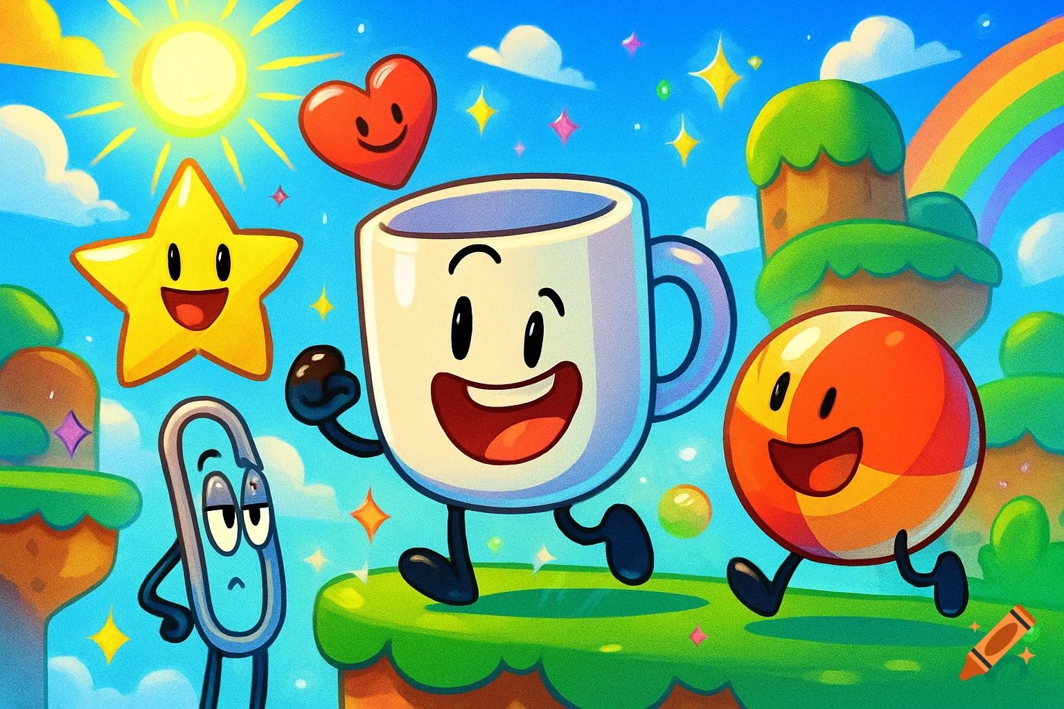 Vibrant cartoon countryball characters looking at a neon sign that ...