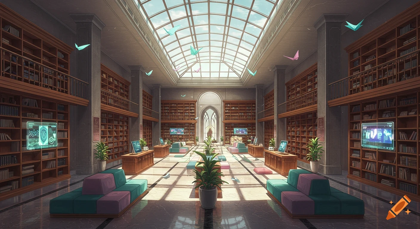 An anime-style modern library with a high skylight ceiling, long ...