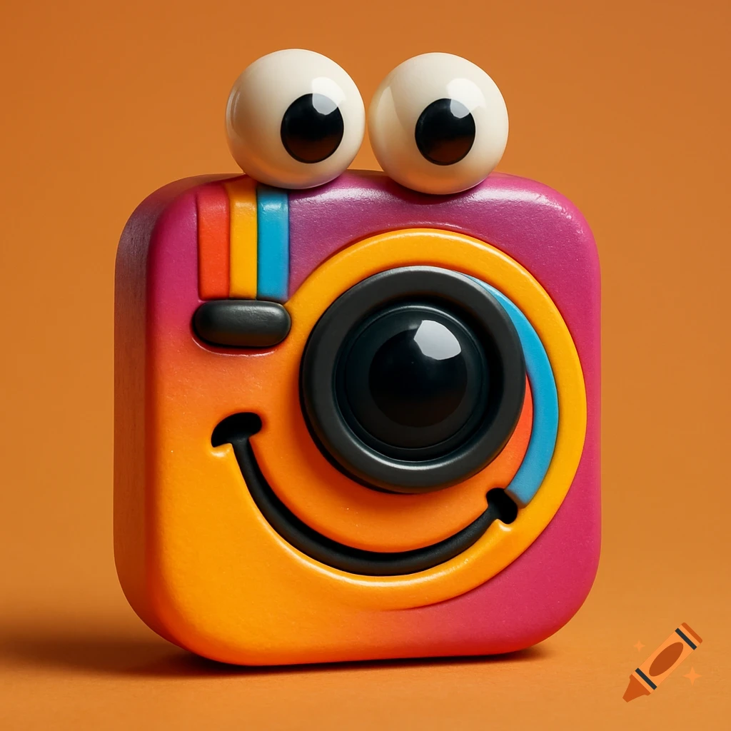 A funny, colorful 3D model of an Instagram camera icon with googly eyes ...