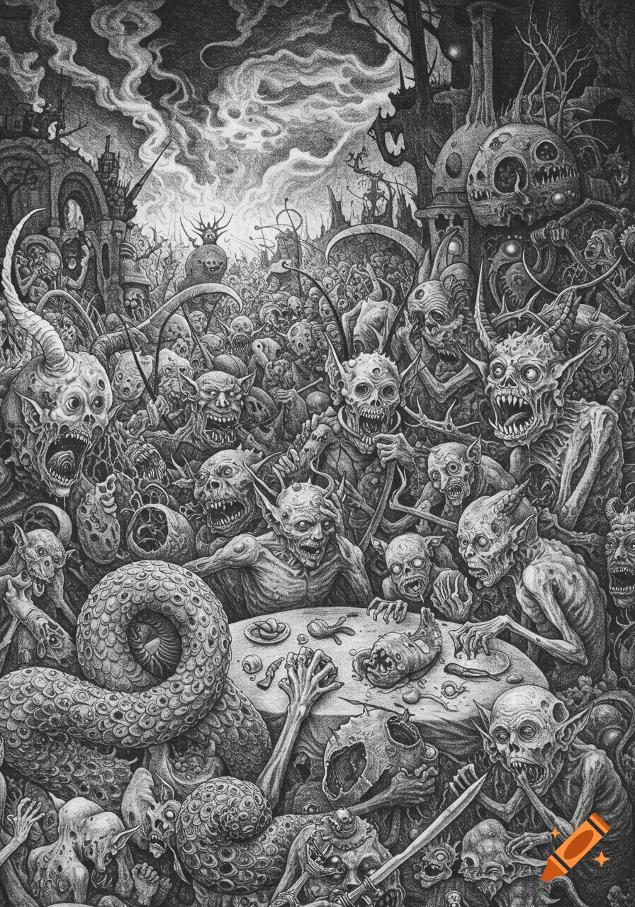 Detailed black and white pencil drawing of grotesque, demonic creatures ...