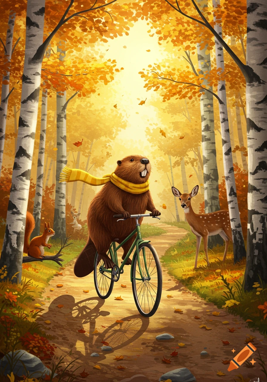 A cartoon beaver in a yellow scarf rides a green bike down a sunlit ...