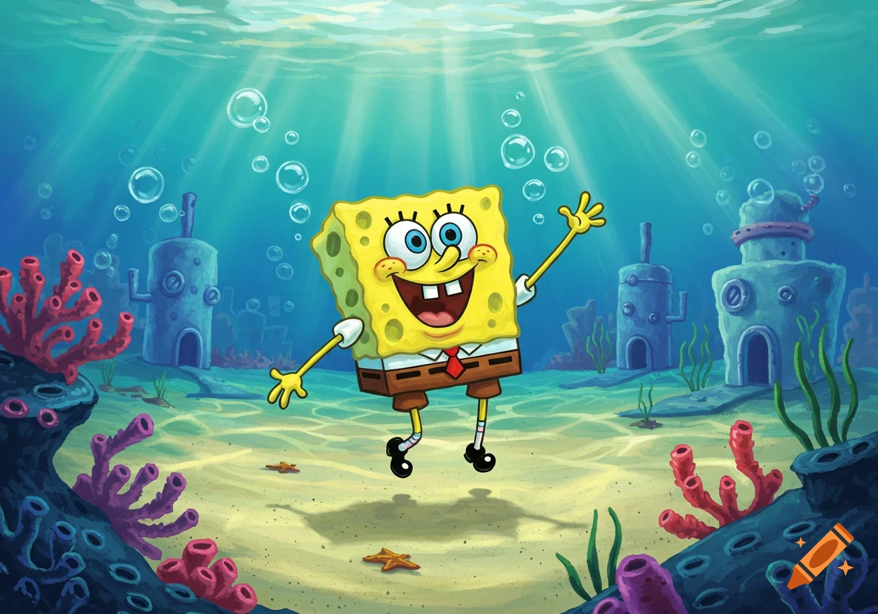 Happy Spongebob Squarepants jumps underwater, surrounded by pink ...