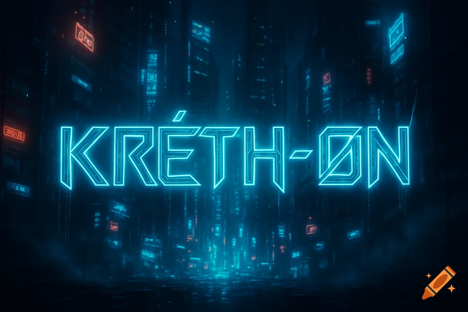 Neon blue cyberpunk text 'KRÉTH-ØN' over a dark futuristic cityscape ...