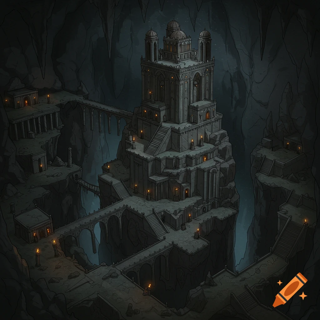 An isometric TTRPG battle map of a multi-layered underground city with ...