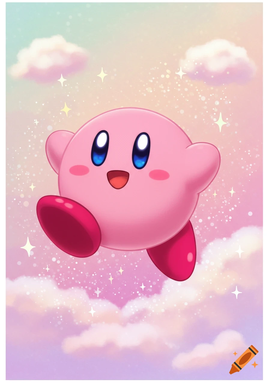 A cute pink round character with big blue sparkling eyes and a cheerful ...