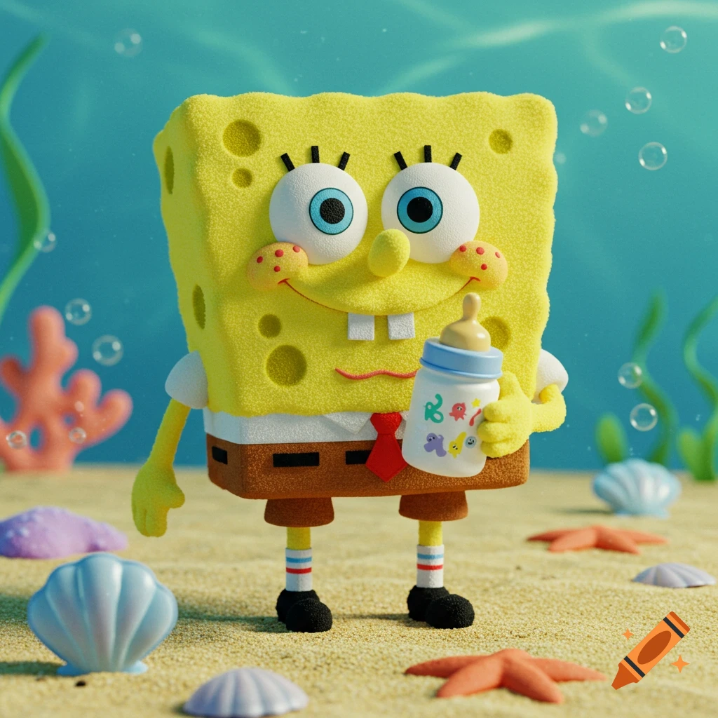3D plush SpongeBob SquarePants stands on the sandy ocean floor, holding ...