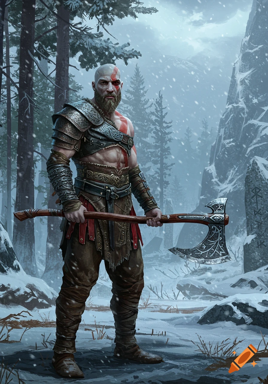 Photorealistic illustration of Kratos, a muscular man with red war ...