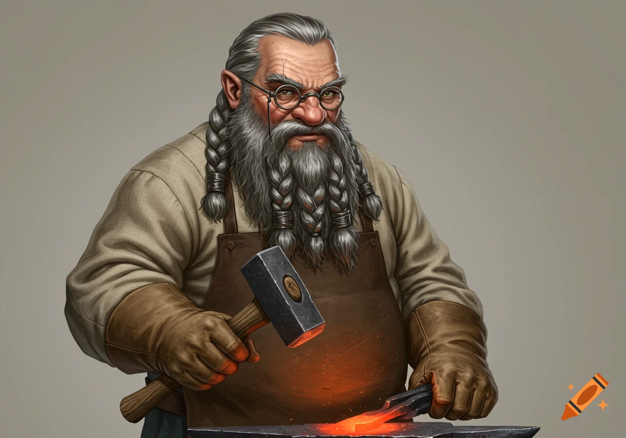 A grizzled dwarven master blacksmith with braided grey hair and a ...