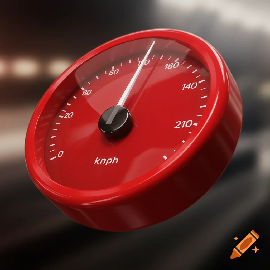 A close-up, angled shot of a red speedometer with a white needle ...