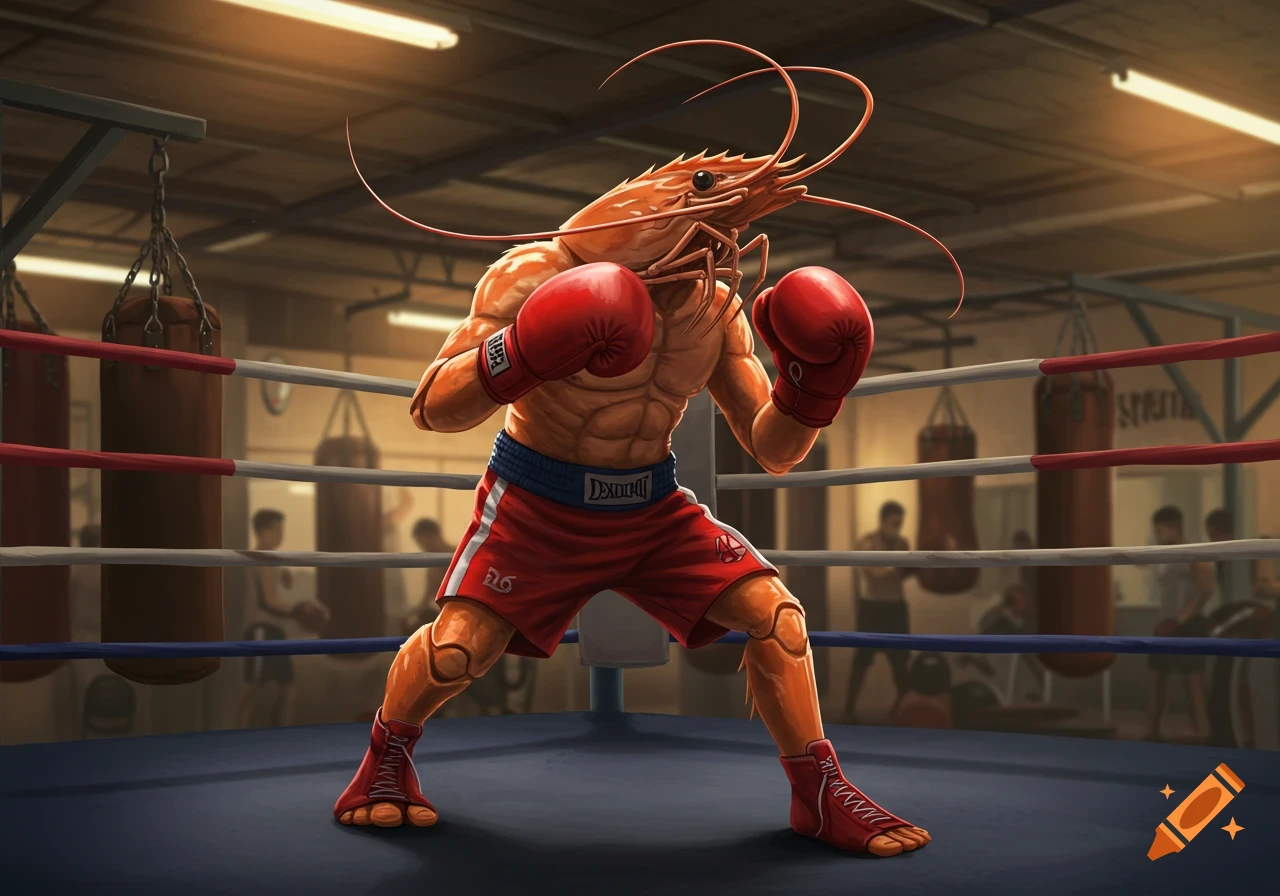 An aggressive, muscular, cartoon anthropomorphic fox in red boxing ...
