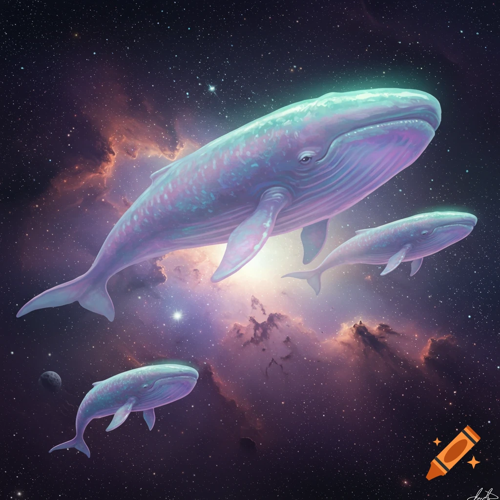 Three ethereal whales swim through a cosmic nebula with stars and ...
