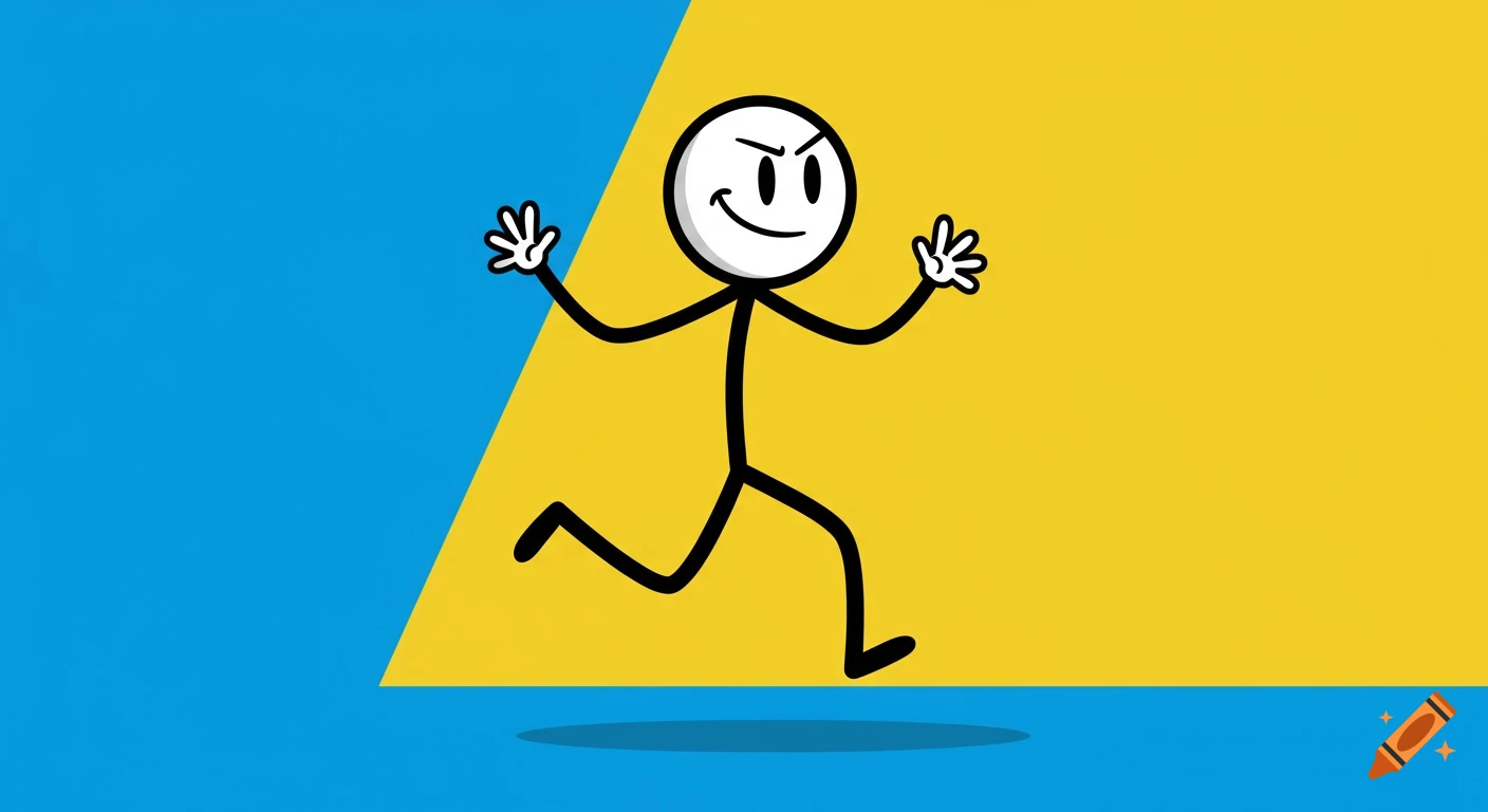 A black and white stickman character with a mischievous smile runs ...