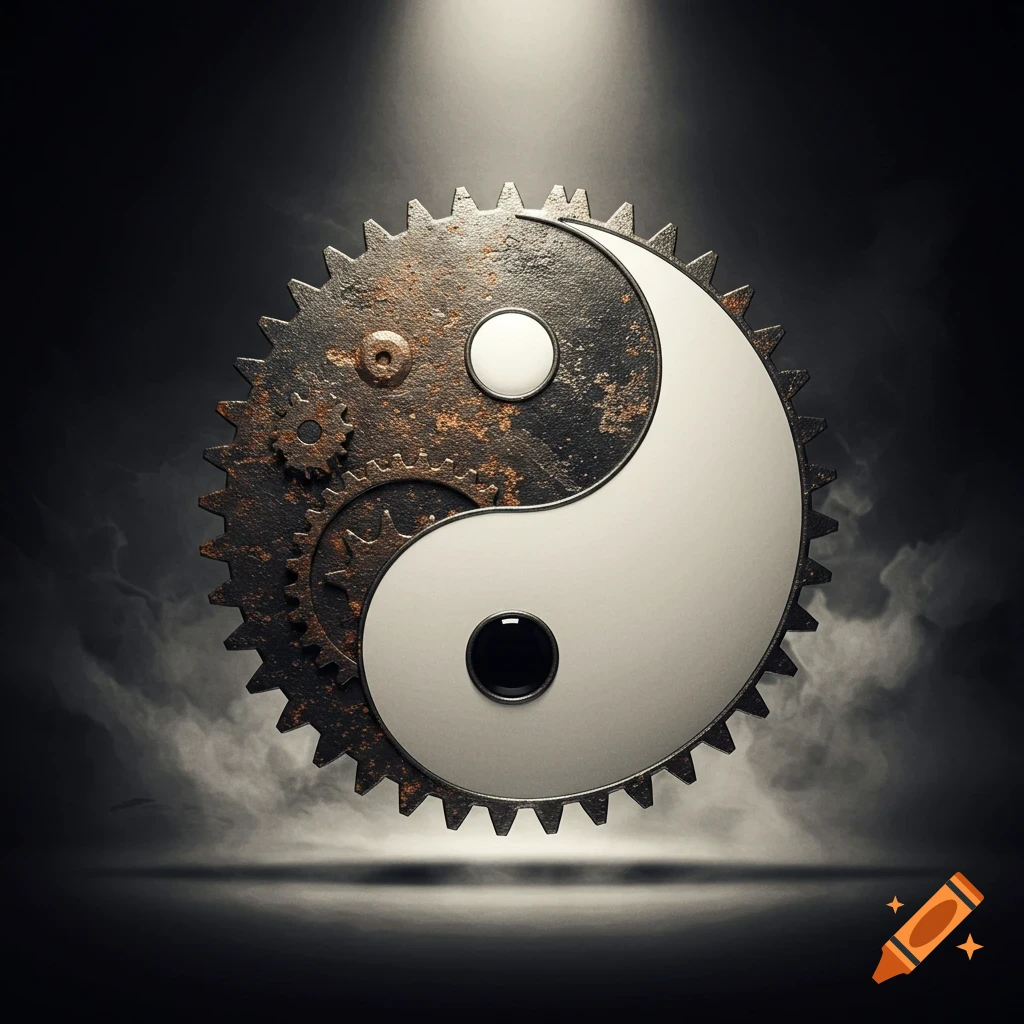 A black and white Yin Yang symbol against a dark gray gradient ...