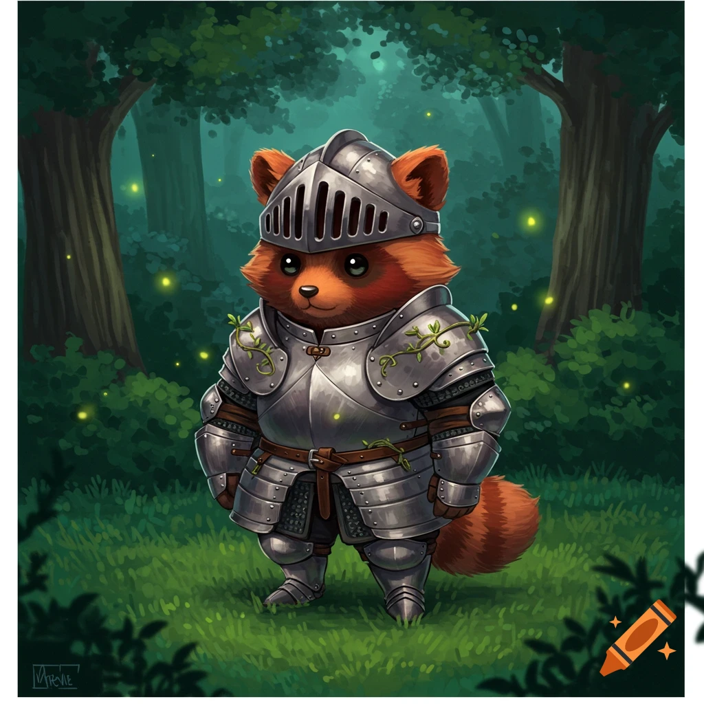 A cute red panda knight in oversized silver armor stands in a glowing ...
