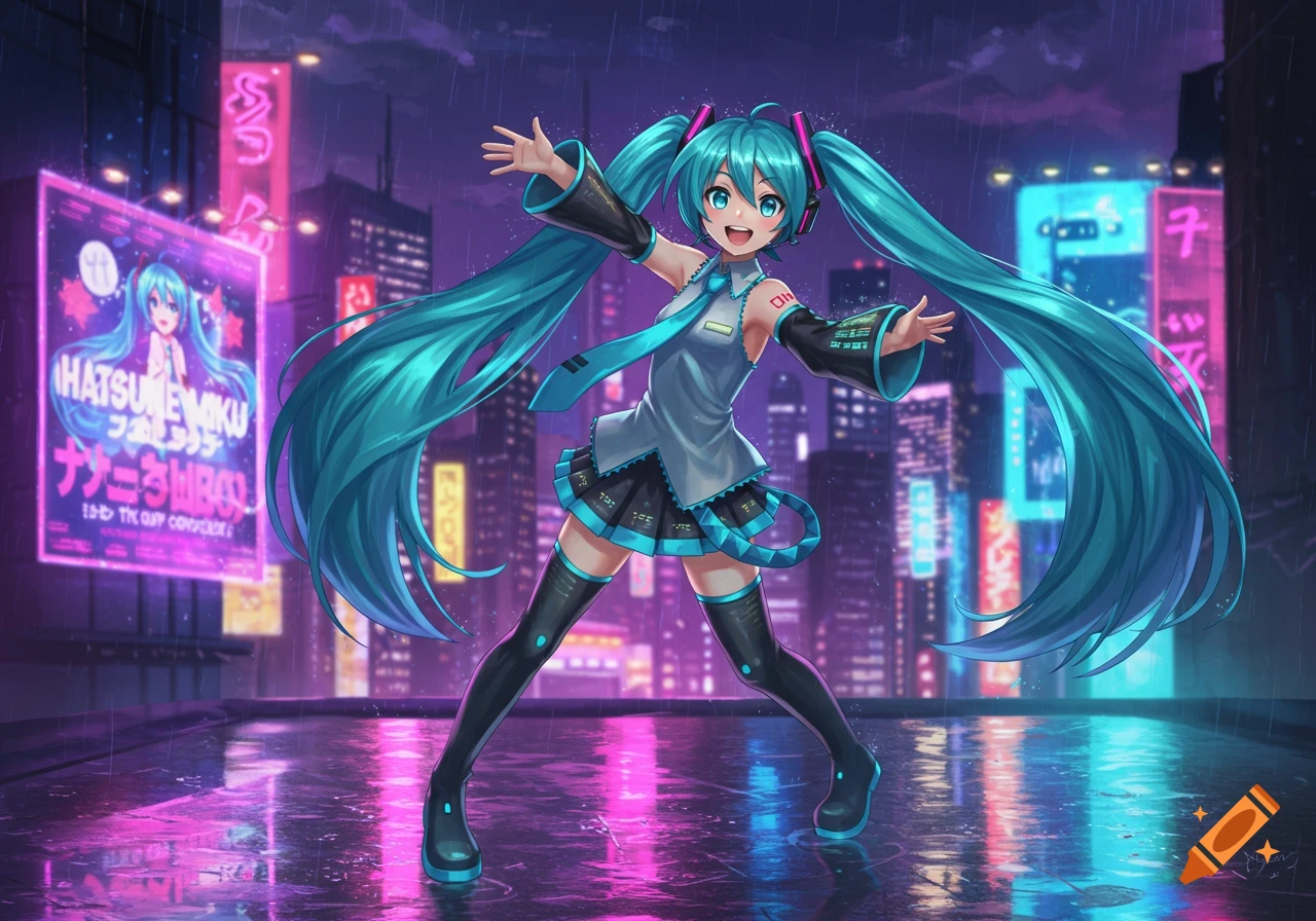 Vibrant anime illustration of Hatsune Miku on a futuristic stage with ...