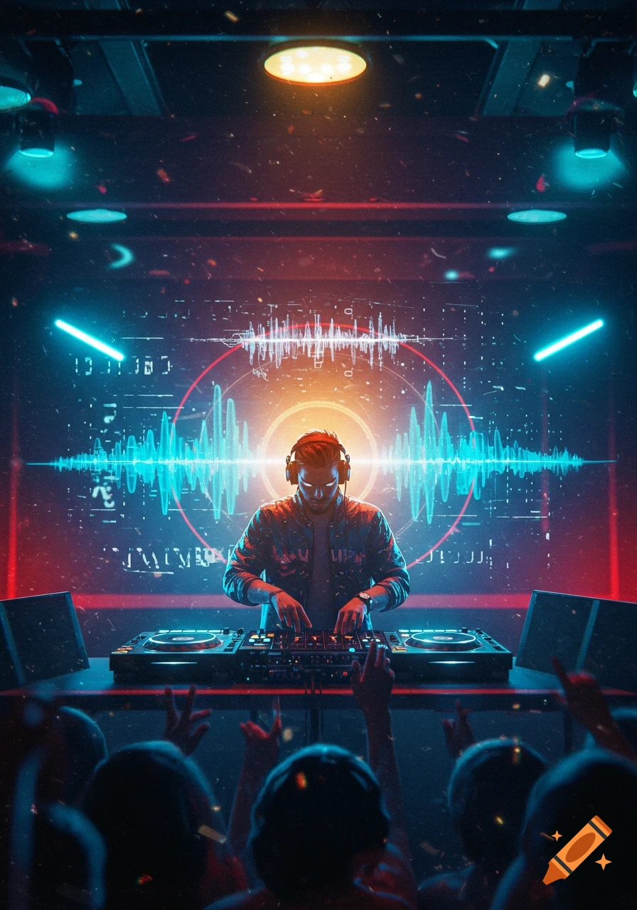 A DJ in sunglasses and headphones mixes music at a glowing booth ...