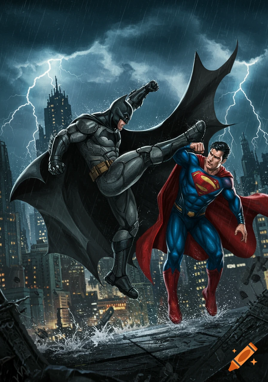 Batman kicks Superman in a dynamic, stormy, night city scene with ...