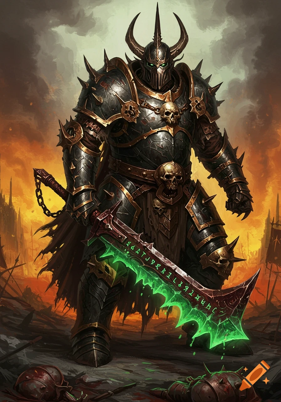 An imposing, heavily armored dark fantasy warrior with horned helmet ...