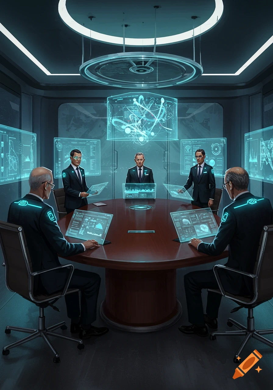 Men in suits in a futuristic meeting room with holographic displays ...
