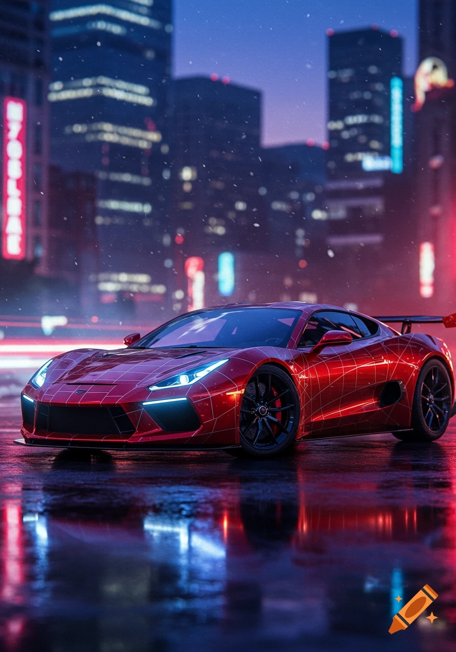 A red sports car with a Spider-Man web pattern and glowing headlights ...