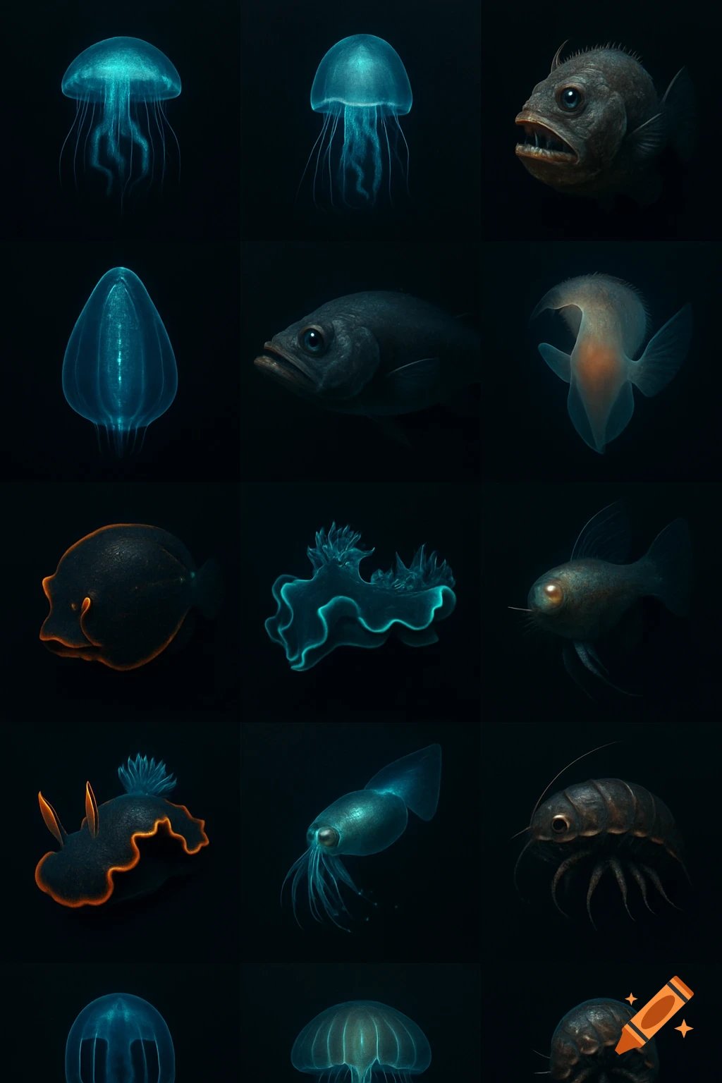 A grid of various deep-sea creatures like jellyfish, fish, and other ...