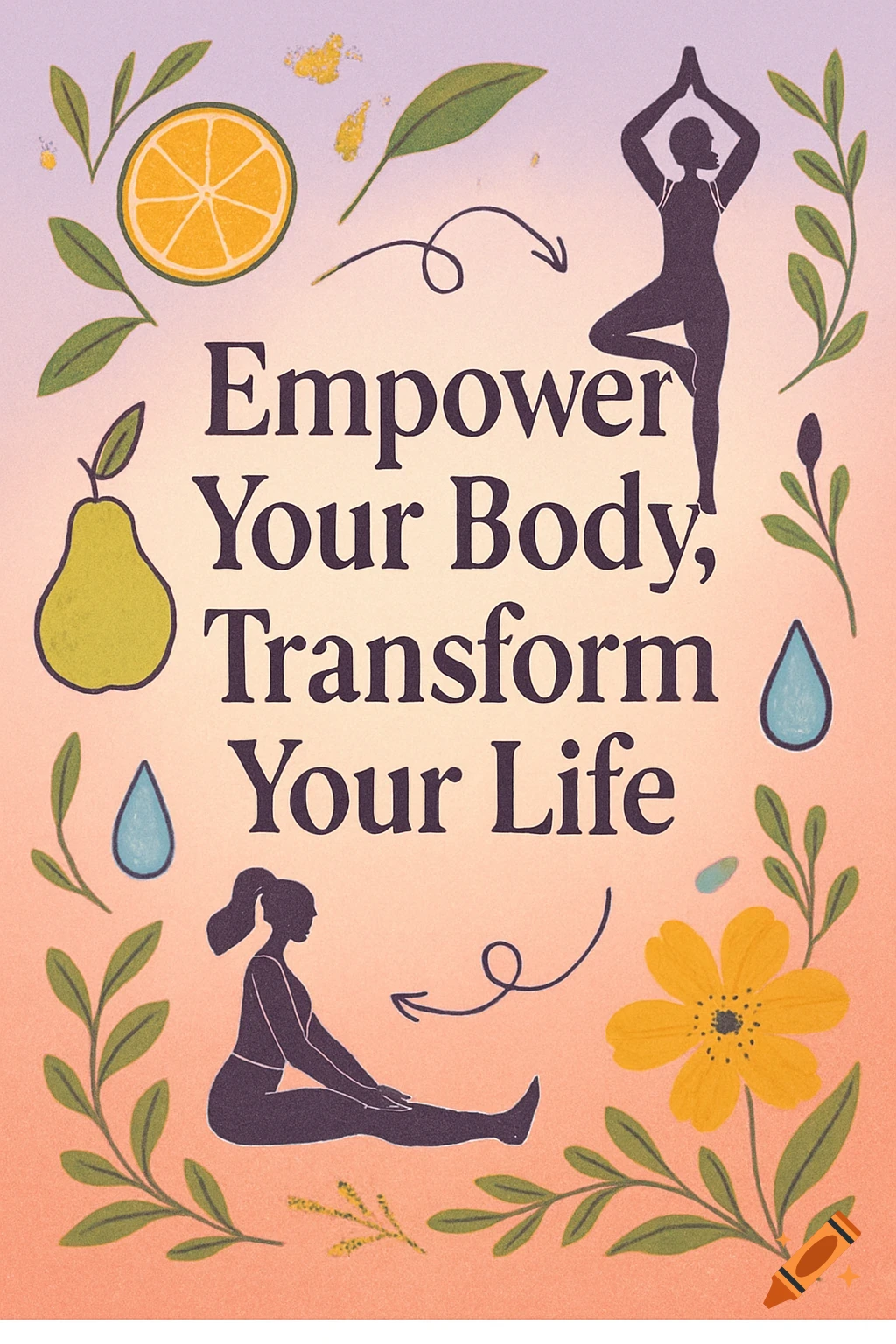 An illustrated poster with women's silhouettes in yoga poses, fruits ...