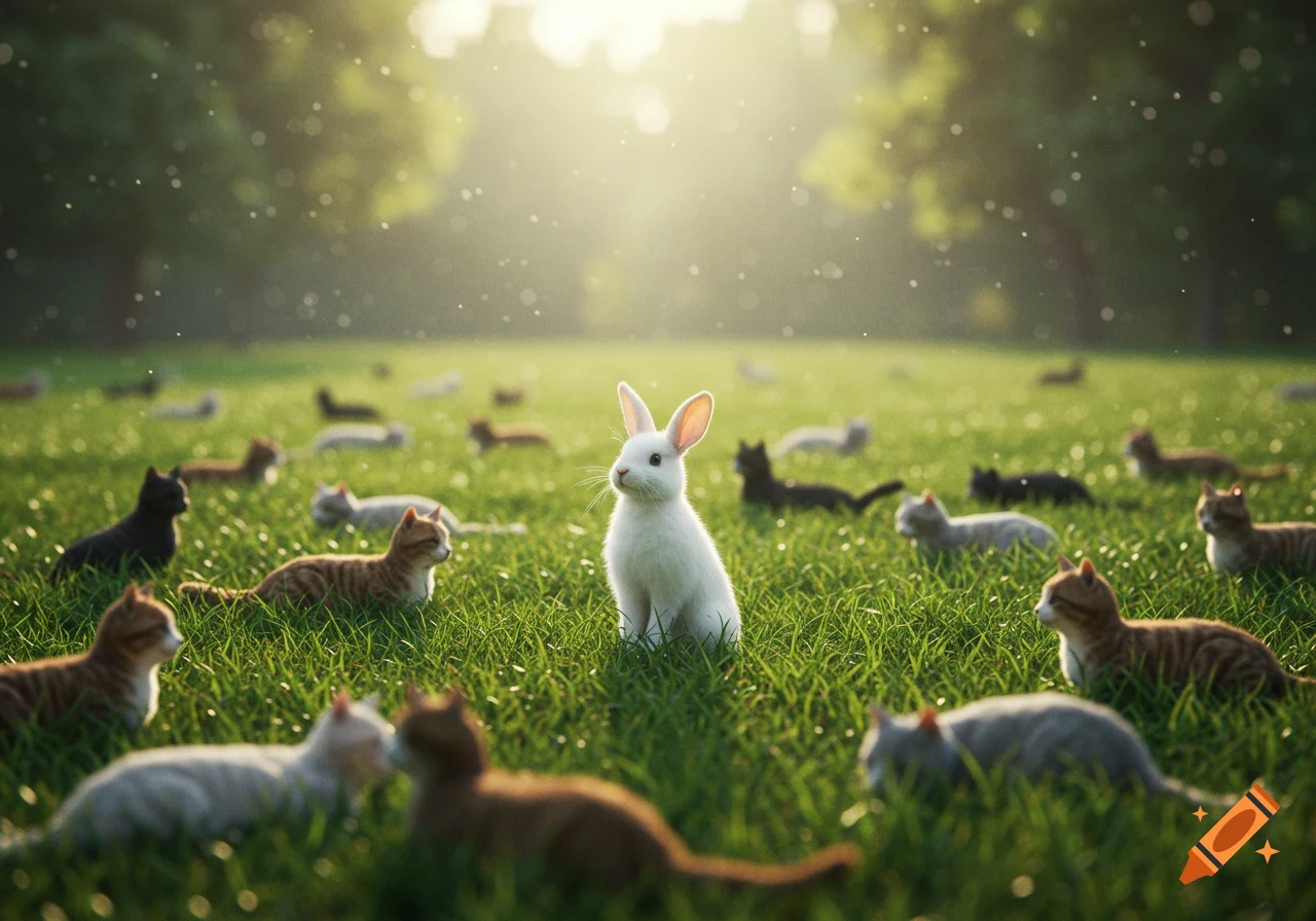 A fluffy white rabbit sits in a sunlit grassy field, surrounded by many ...