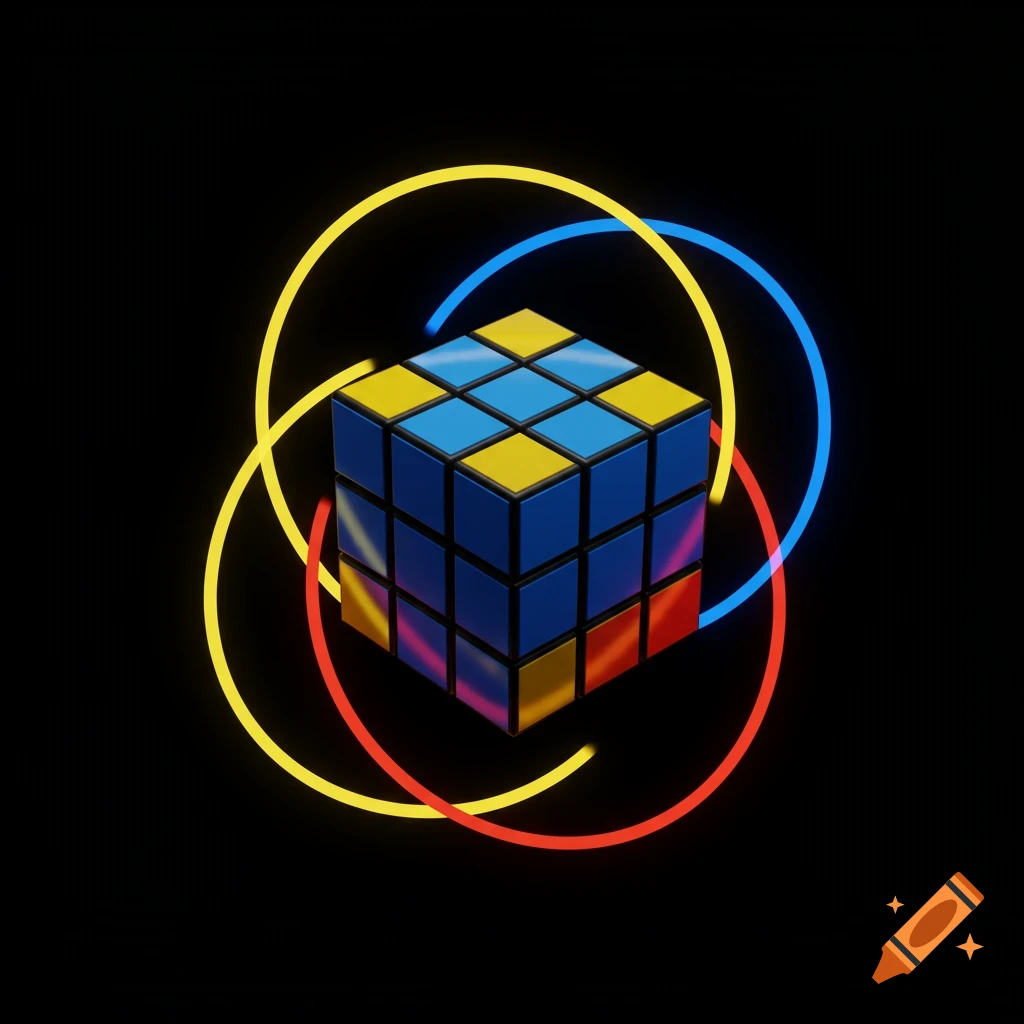 A 3D render of a blue, yellow, and red Rubik's Cube surrounded by ...