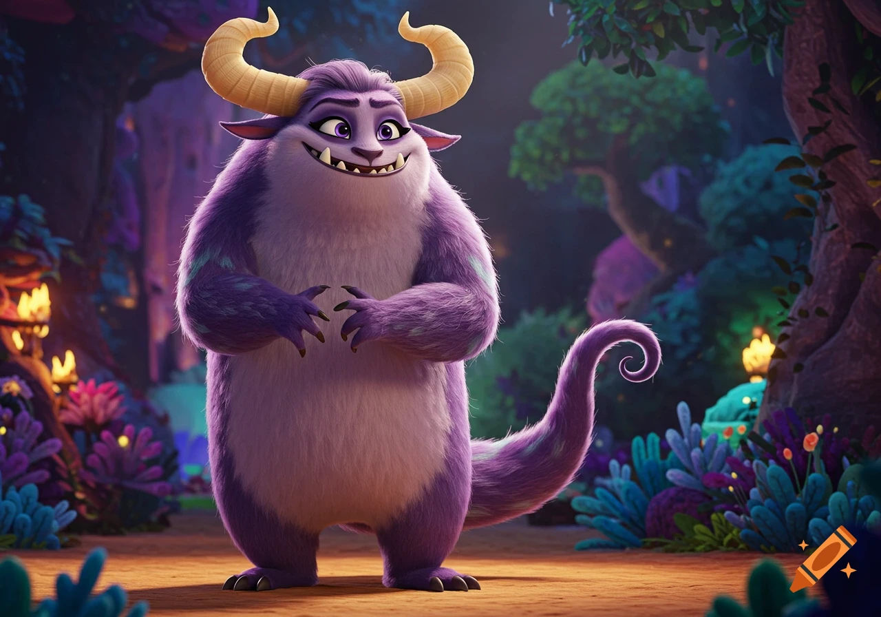 A large, fluffy purple cartoon monster with curved beige horns, sharp ...