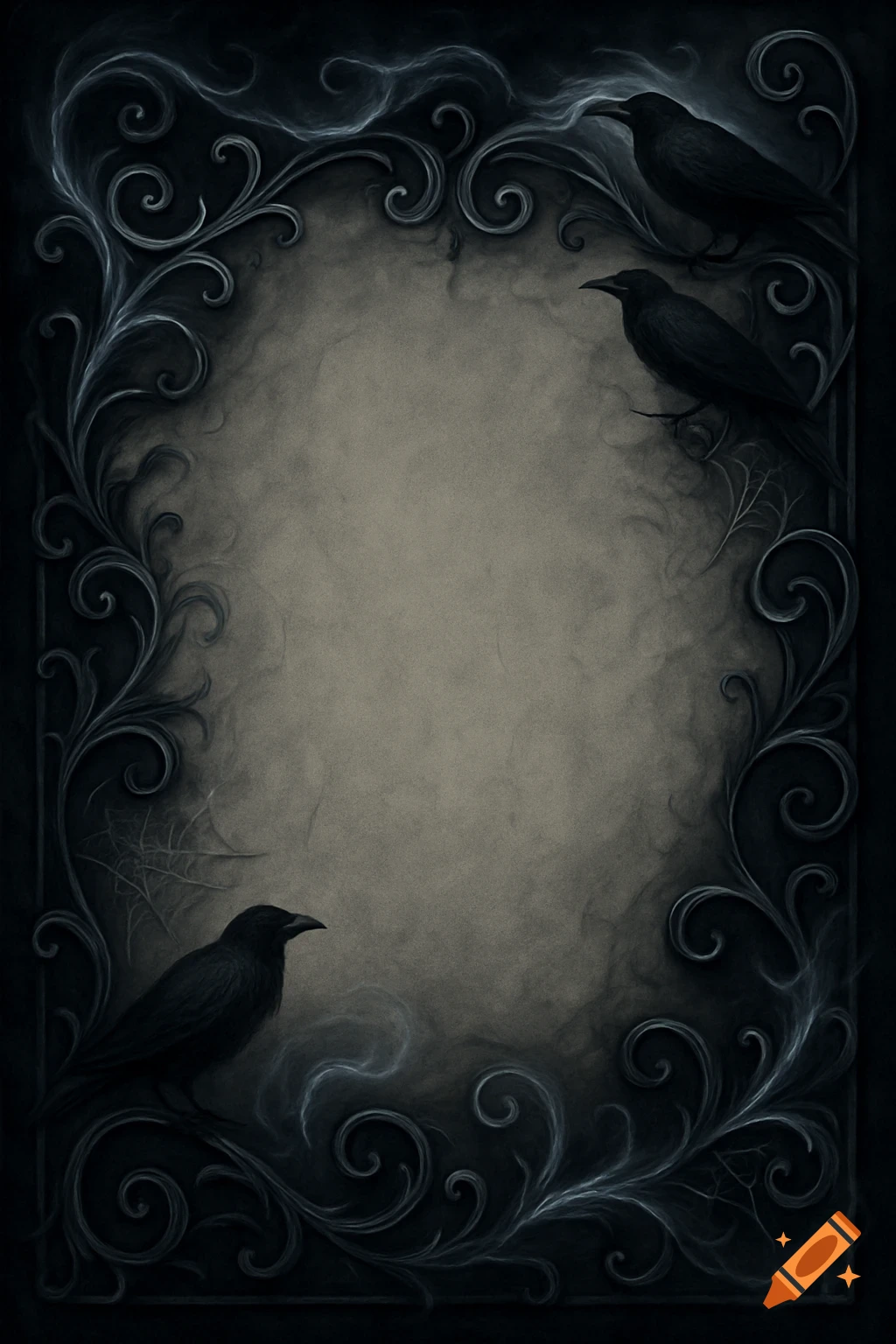A dark gothic border features ornate swirling patterns and three black ...